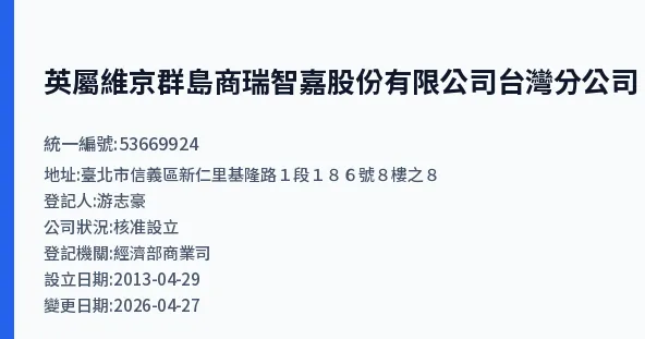 英屬維京群島商瑞智嘉股份有限公司台灣分公司的照片-統編 53669924(臺北市) 公司登記資料與營業項目詳細圖表