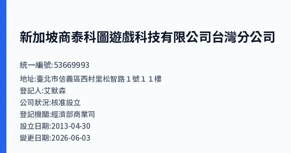 新加坡商泰科圖遊戲科技有限公司台灣分公司的照片-統編 53669993(臺北市) 公司登記資料與營業項目詳細圖表
