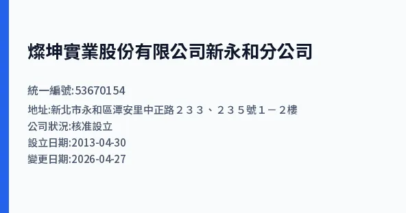 燦坤實業股份有限公司新永和分公司的照片-統編 53670154(新北市) 公司登記資料與營業項目詳細圖表