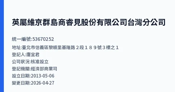英屬維京群島商睿見股份有限公司台灣分公司的照片-統編 53670252(臺北市) 公司登記資料與營業項目詳細圖表