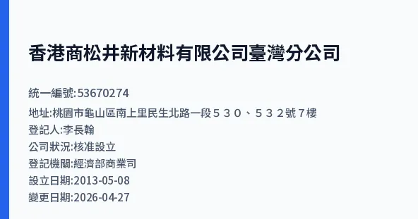 香港商松井新材料有限公司臺灣分公司的照片-統編 53670274(桃園市) 公司登記資料與營業項目詳細圖表