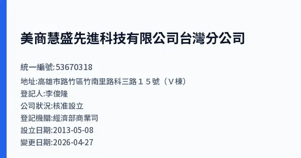 美商慧盛先進科技有限公司台灣分公司的照片-統編 53670318(高雄市) 公司登記資料與營業項目詳細圖表