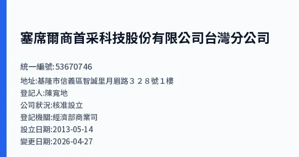 塞席爾商首采科技股份有限公司台灣分公司的照片-統編 53670746(基隆市) 公司登記資料與營業項目詳細圖表
