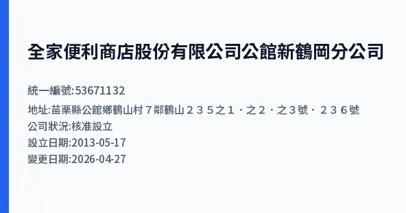 全家便利商店股份有限公司公館新鶴岡分公司的照片-統編 53671132(苗栗縣) 公司登記資料與營業項目詳細圖表