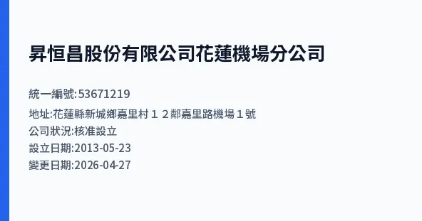 昇恒昌股份有限公司花蓮機場分公司的照片-統編 53671219(花蓮縣) 公司登記資料與營業項目詳細圖表