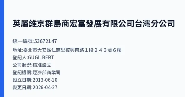 英屬維京群島商宏富發展有限公司台灣分公司的照片-統編 53672147(臺北市) 公司登記資料與營業項目詳細圖表