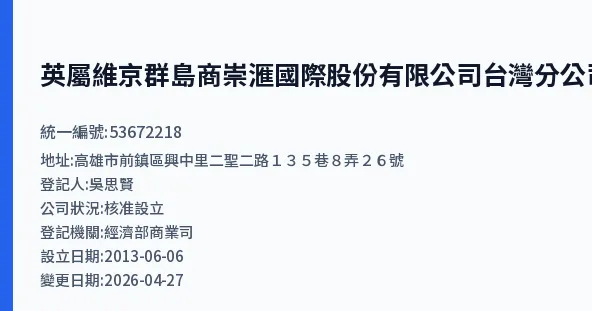 英屬維京群島商崇滙國際股份有限公司台灣分公司的照片-統編 53672218(高雄市) 公司登記資料與營業項目詳細圖表