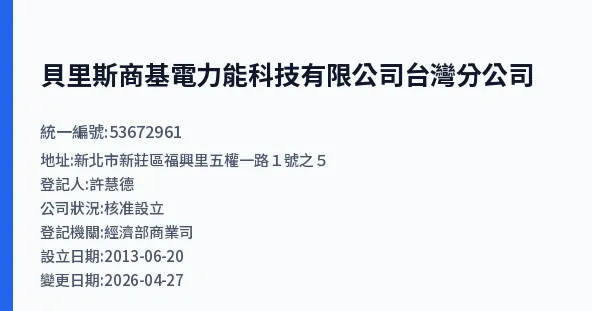 貝里斯商基電力能科技有限公司台灣分公司的照片-統編 53672961(新北市) 公司登記資料與營業項目詳細圖表