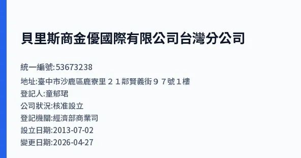 貝里斯商金優國際有限公司台灣分公司的照片-統編 53673238(臺中市) 公司登記資料與營業項目詳細圖表