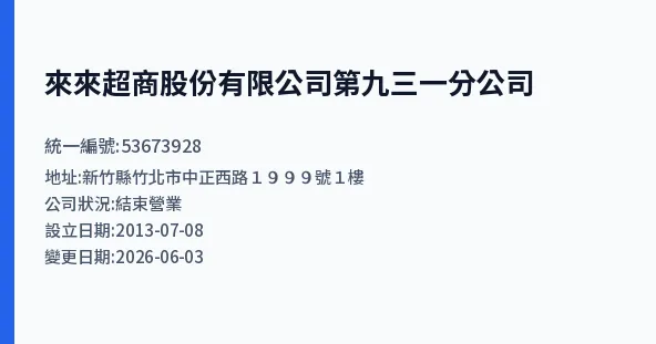 來來超商股份有限公司第九三一分公司的照片-統編 53673928(新竹縣) 公司登記資料與營業項目詳細圖表