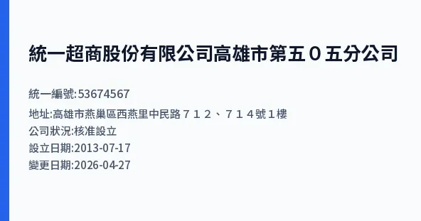 統一超商股份有限公司高雄市第五0五分公司的照片-統編 53674567(高雄市) 公司登記資料與營業項目詳細圖表