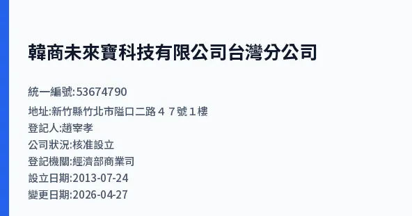 韓商未來寶科技有限公司台灣分公司的照片-統編 53674790(新竹縣) 公司登記資料與營業項目詳細圖表