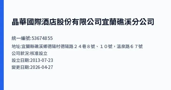 晶華國際酒店股份有限公司宜蘭礁溪分公司的照片-統編 53674855(宜蘭縣) 公司登記資料與營業項目詳細圖表
