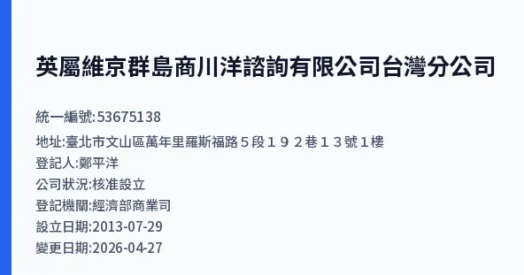 英屬維京群島商川洋諮詢有限公司台灣分公司的照片-統編 53675138(臺北市) 公司登記資料與營業項目詳細圖表