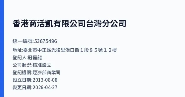 香港商活凱有限公司台灣分公司的照片-統編 53675496(臺北市) 公司登記資料與營業項目詳細圖表