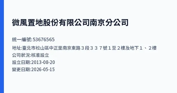 微風置地股份有限公司南京分公司的照片-統編 53676565(臺北市) 公司登記資料與營業項目詳細圖表