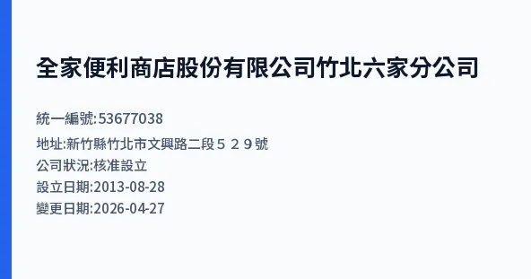 全家便利商店股份有限公司竹北六家分公司的照片-統編 53677038(新竹縣) 公司登記資料與營業項目詳細圖表