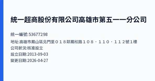 統一超商股份有限公司高雄市第五一一分公司的照片-統編 53677298(高雄市) 公司登記資料與營業項目詳細圖表