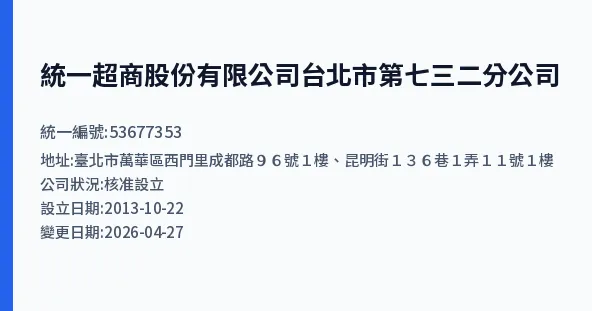統一超商股份有限公司台北市第七三二分公司的照片-統編 53677353(臺北市) 公司登記資料與營業項目詳細圖表