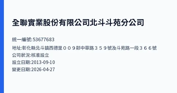 全聯實業股份有限公司北斗斗苑分公司的照片-統編 53677683(彰化縣) 公司登記資料與營業項目詳細圖表