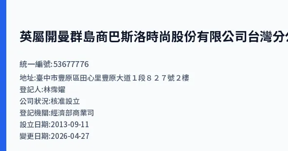 英屬開曼群島商巴斯洛時尚股份有限公司台灣分公司的照片-統編 53677776(臺中市) 公司登記資料與營業項目詳細圖表