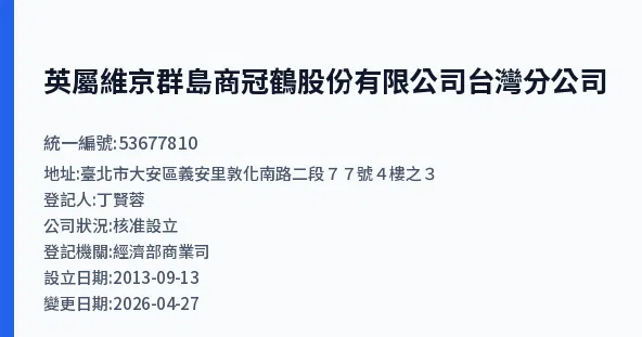 英屬維京群島商冠鶴股份有限公司台灣分公司的照片-統編 53677810(臺北市) 公司登記資料與營業項目詳細圖表