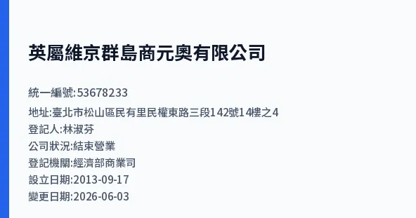 英屬維京群島商元奧有限公司的照片-統編 53678233(臺北市) 公司登記資料與營業項目詳細圖表