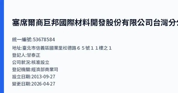 塞席爾商巨邦國際材料開發股份有限公司台灣分公司的照片-統編 53678584(臺北市) 公司登記資料與營業項目詳細圖表