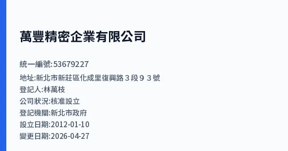 萬豐精密企業有限公司的照片-統編 53679227(新北市) 公司登記資料與營業項目詳細圖表