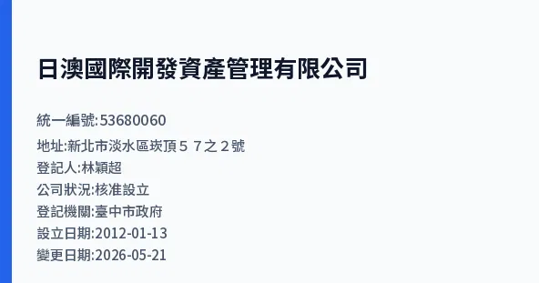 日澳國際開發資產管理有限公司的照片-統編 53680060(新北市) 公司登記資料與營業項目詳細圖表