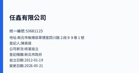 任鑫有限公司的照片-統編 53681125(新北市) 公司登記資料與營業項目詳細圖表