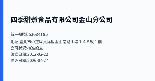 四季甜煮食品有限公司金山分公司的照片-統編 53684185(臺北市) 公司登記資料與營業項目詳細圖表
