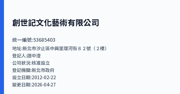 創世記文化藝術有限公司的照片-統編 53685403(新北市) 公司登記資料與營業項目詳細圖表