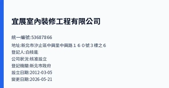 宜展室內裝修工程有限公司的照片-統編 53687866(新北市) 公司登記資料與營業項目詳細圖表