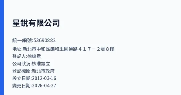 星銳有限公司的照片-統編 53690882(新北市) 公司登記資料與營業項目詳細圖表