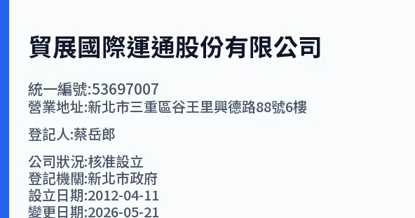 貿展國際運通股份有限公司的照片-統編 53697007(新北市) 公司登記資料與營業項目詳細圖表