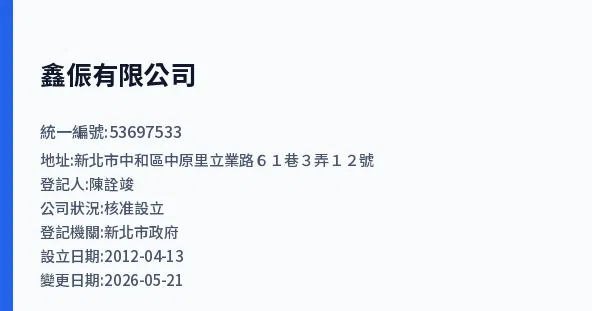 鑫侲有限公司的照片-統編 53697533(新北市) 公司登記資料與營業項目詳細圖表