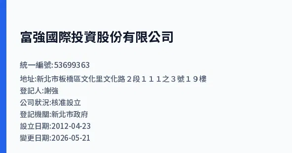 富強國際投資股份有限公司的照片-統編 53699363(新北市) 公司登記資料與營業項目詳細圖表
