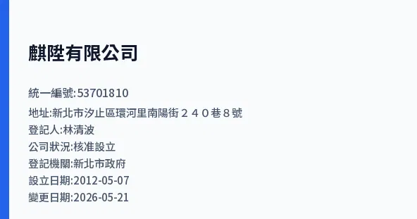 麒陞有限公司的照片-統編 53701810(新北市) 公司登記資料與營業項目詳細圖表