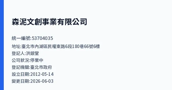 森泥文創事業有限公司的照片-統編 53704035(臺北市) 公司登記資料與營業項目詳細圖表