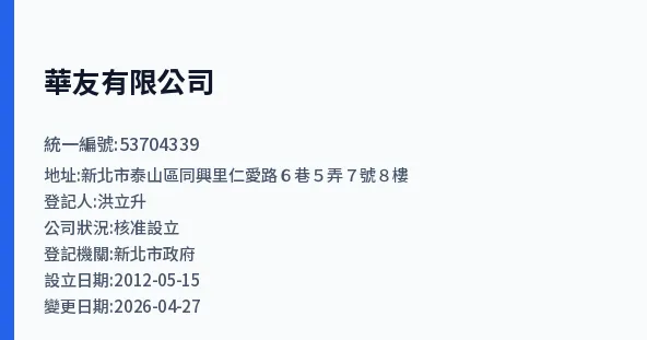 華友有限公司的照片-統編 53704339(新北市) 公司登記資料與營業項目詳細圖表