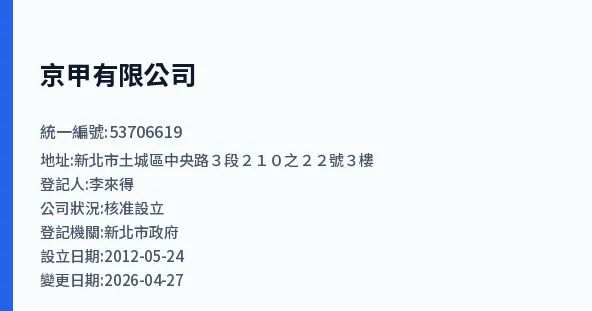 京甲有限公司的照片-統編 53706619(新北市) 公司登記資料與營業項目詳細圖表