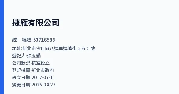 捷雁有限公司的照片-統編 53716588(新北市) 公司登記資料與營業項目詳細圖表
