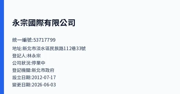 永宗國際有限公司的照片-統編 53717799(新北市) 公司登記資料與營業項目詳細圖表