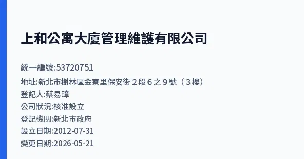 上和公寓大廈管理維護有限公司的照片-統編 53720751(新北市) 公司登記資料與營業項目詳細圖表