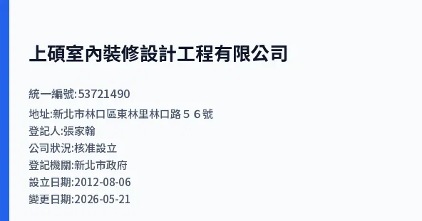 上碩室內裝修設計工程有限公司的照片-統編 53721490(新北市) 公司登記資料與營業項目詳細圖表