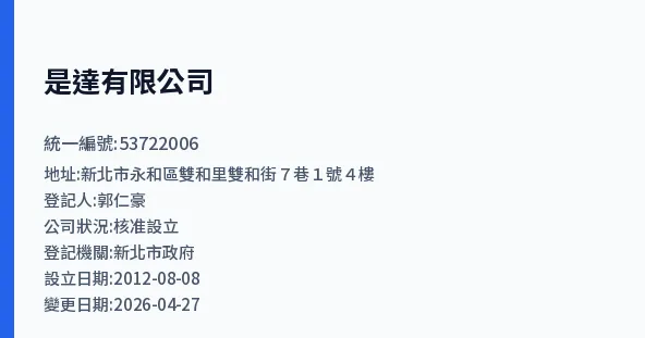 是達有限公司的照片-統編 53722006(新北市) 公司登記資料與營業項目詳細圖表