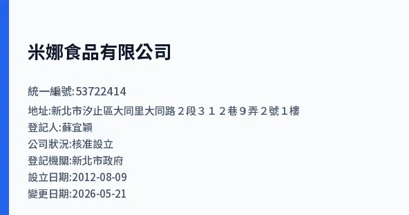 米娜食品有限公司的照片-統編 53722414(新北市) 公司登記資料與營業項目詳細圖表