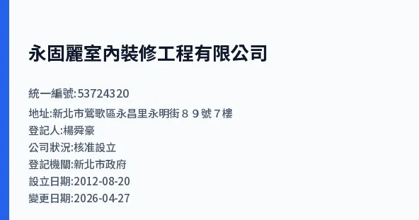 永固麗室內裝修工程有限公司的照片-統編 53724320(新北市) 公司登記資料與營業項目詳細圖表