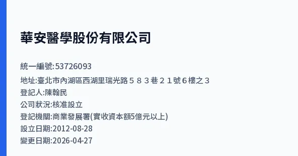 華安醫學股份有限公司的照片-統編 53726093(臺北市) 公司登記資料與營業項目詳細圖表